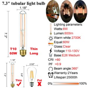 LiteHistory Dimmable E26 Light Bulb 6W Equal 60 watt led Light Bulb AC120V Warm White 2700K Edison 60 Watt 600LM T10 Bulb for Rustic Pendant,Industrial Pipe,Wall sconces,Vanity 6Pack