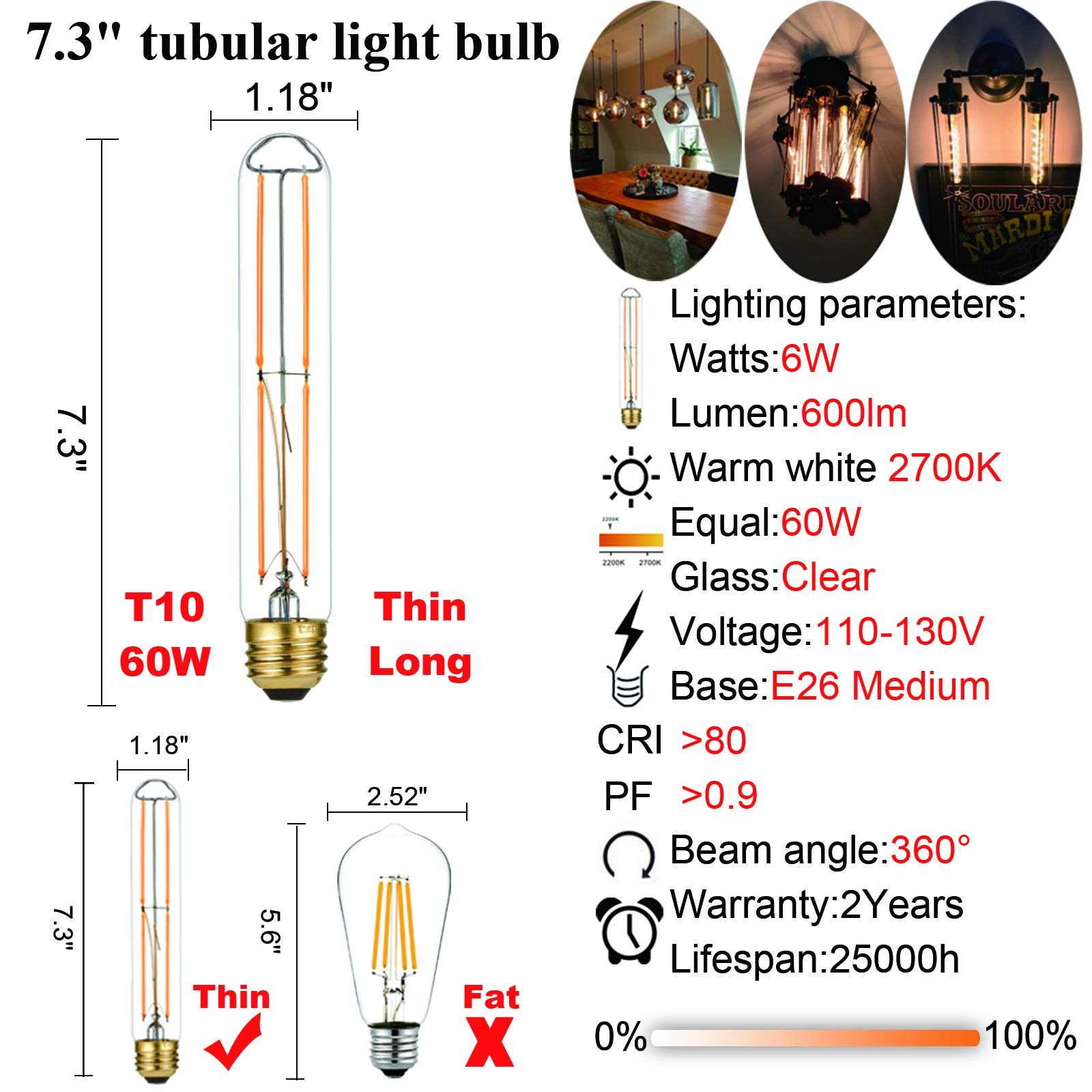 LiteHistory Dimmable E26 Light Bulb 6W Equal 60 watt led Light Bulb AC120V Warm White 2700K Edison 60 Watt 600LM T10 Bulb for Rustic Pendant,Industrial Pipe,Wall sconces,Vanity 6Pack