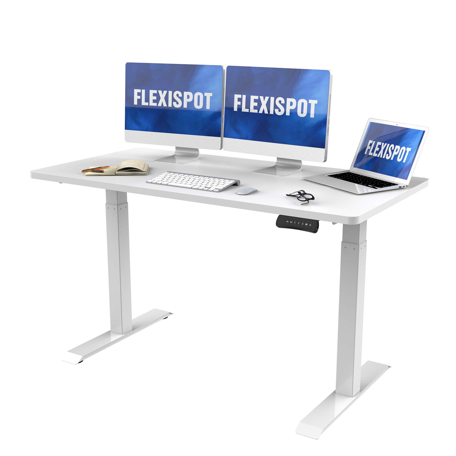 FLEXISPOT EC3 Dual Motor Electric Standing Desk 55x28 Inch Seamless Solid Slab Stand Up Desk Sturdy Electric Adjustable Desk Home Office Desk Electric Computer Workstation, White Frame, White Desktop