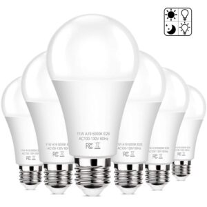 6-pack dusk to dawn led light bulbs, a19 11w(100watt equivalent), e26 basic automatic on/off, 1200lm, daylight white 5000k smart sensor lights, outdoor for porch garage yard patio garden