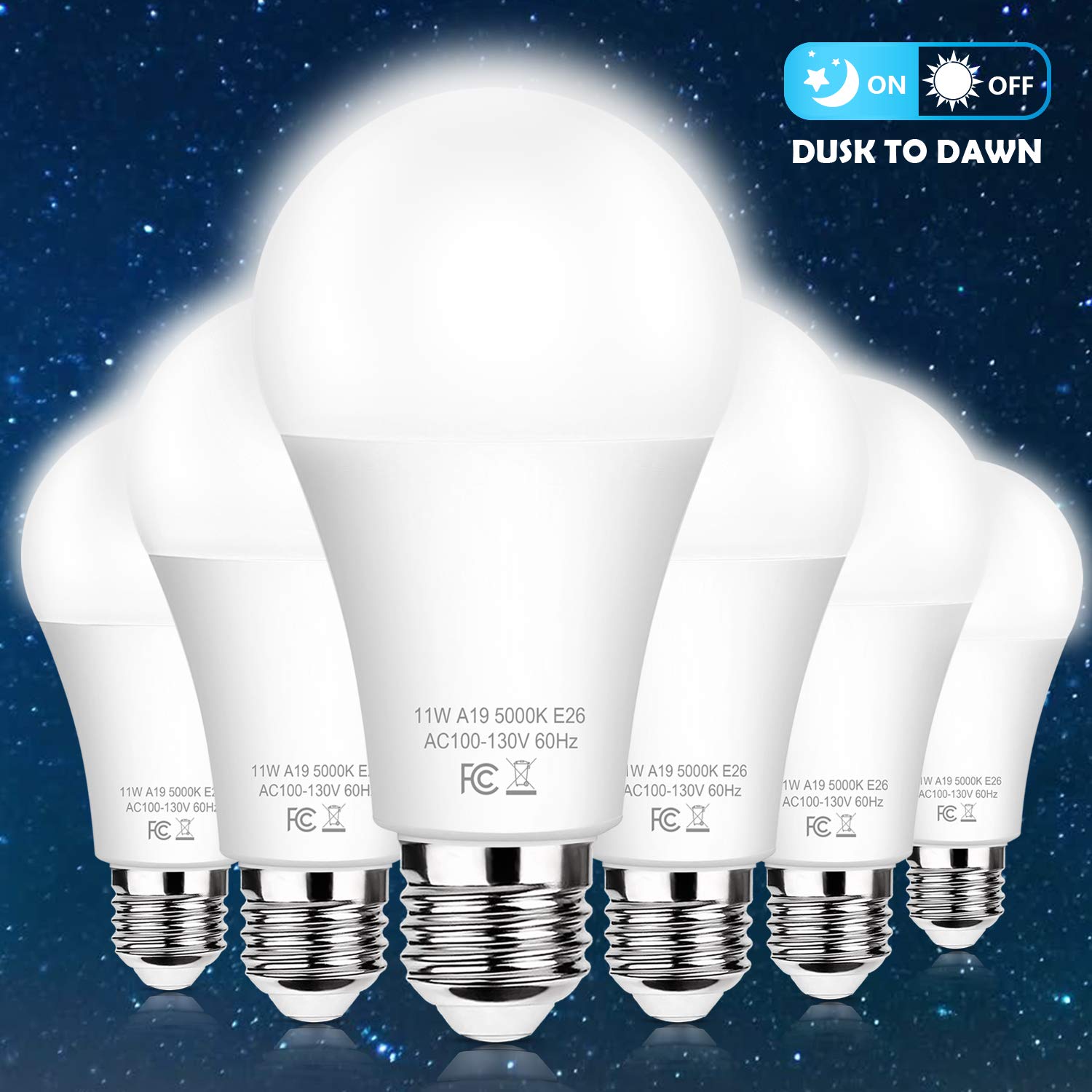 6-Pack Dusk to Dawn LED Light Bulbs, A19 11W(100Watt Equivalent), E26 Basic Automatic On/Off, 1200LM, Daylight White 5000K Smart Sensor Lights, Outdoor for Porch Garage Yard Patio Garden