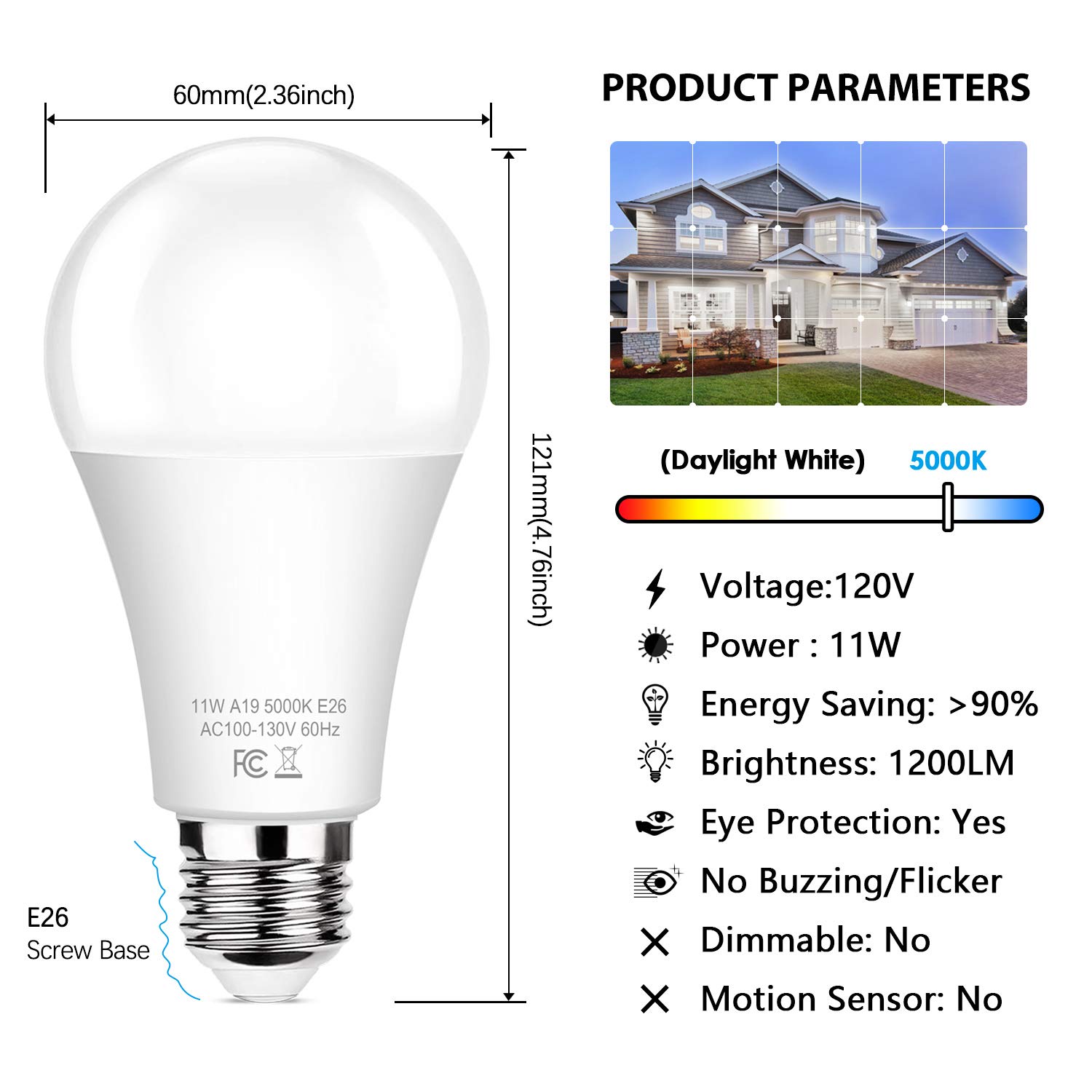 6-Pack Dusk to Dawn LED Light Bulbs, A19 11W(100Watt Equivalent), E26 Basic Automatic On/Off, 1200LM, Daylight White 5000K Smart Sensor Lights, Outdoor for Porch Garage Yard Patio Garden