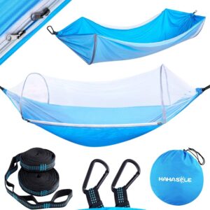 hahasole camping hammock with mosquito net - includes tree straps & carabiners - ripstop nylon lightweight & portable travel bed set with bug net for hiking backpacking beach, easy setup outdoor gear