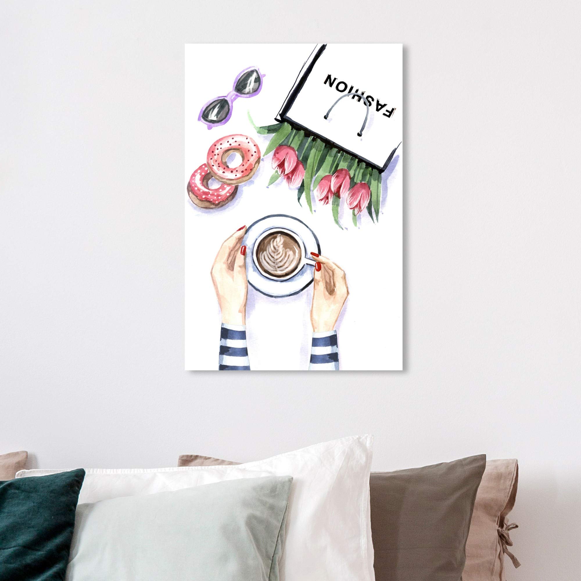 Wynwood Studio Fashion and Glam Wall Art Canvas Prints 'Coffee and Donut time' Accessories Home Décor, 16" x 24", White, Pink