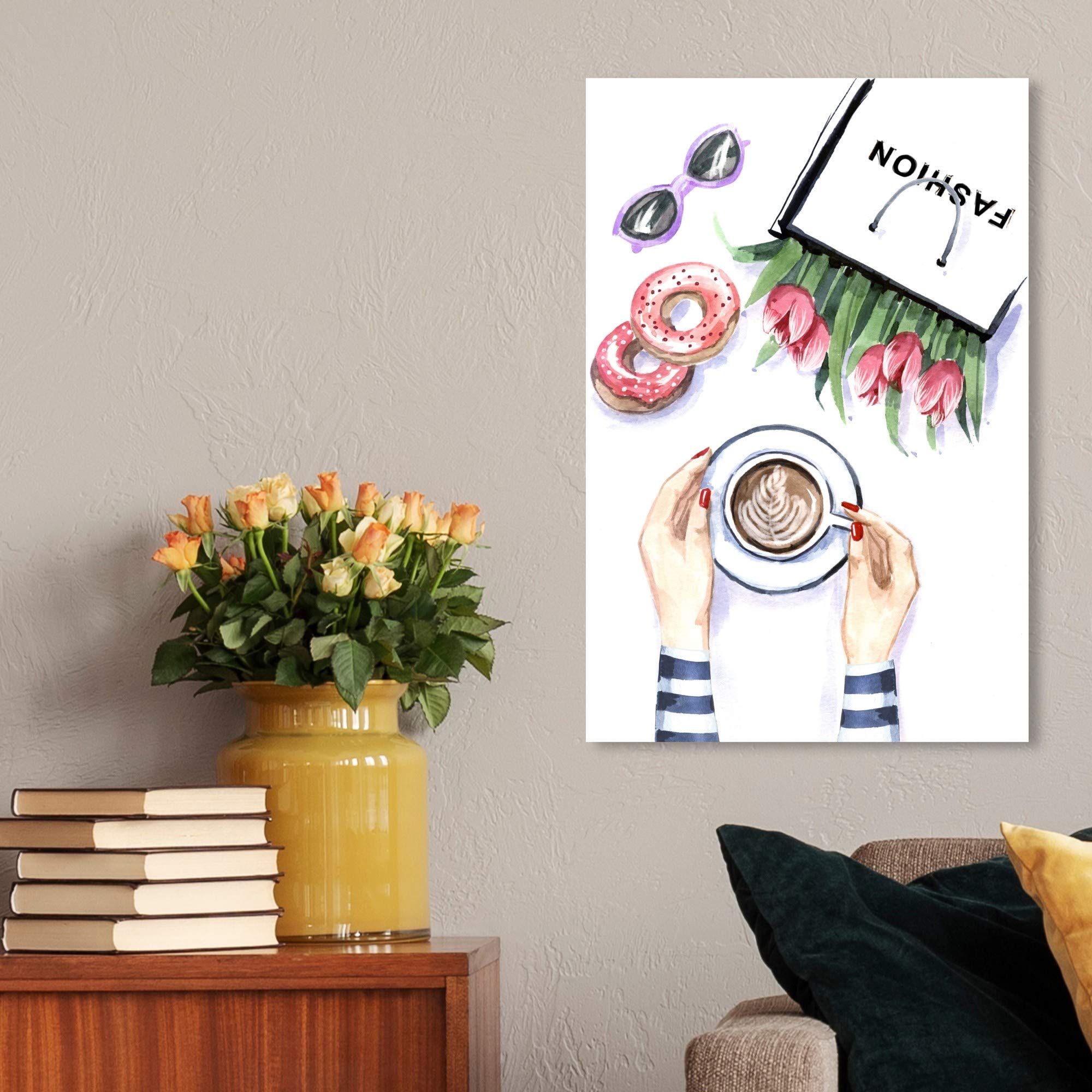 Wynwood Studio Fashion and Glam Wall Art Canvas Prints 'Coffee and Donut time' Accessories Home Décor, 16" x 24", White, Pink