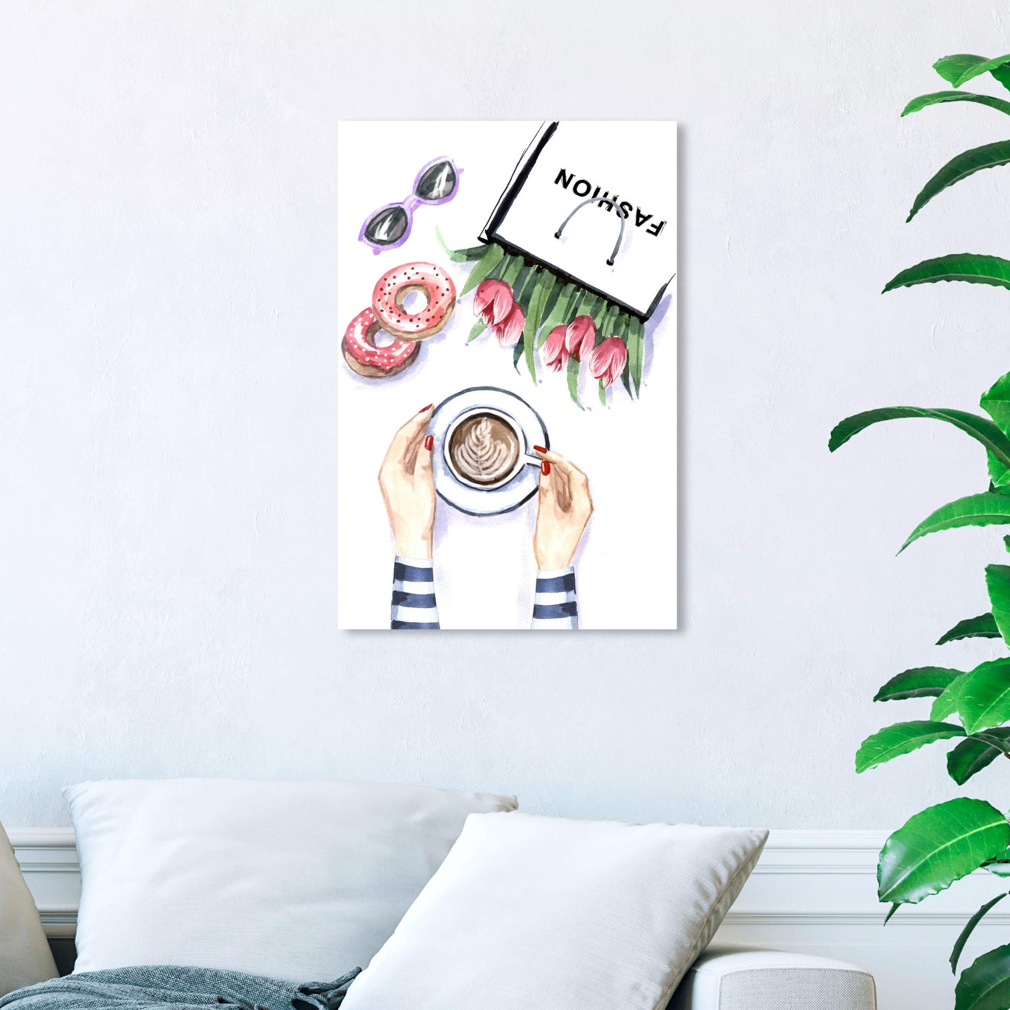 Wynwood Studio Fashion and Glam Wall Art Canvas Prints 'Coffee and Donut time' Accessories Home Décor, 16" x 24", White, Pink