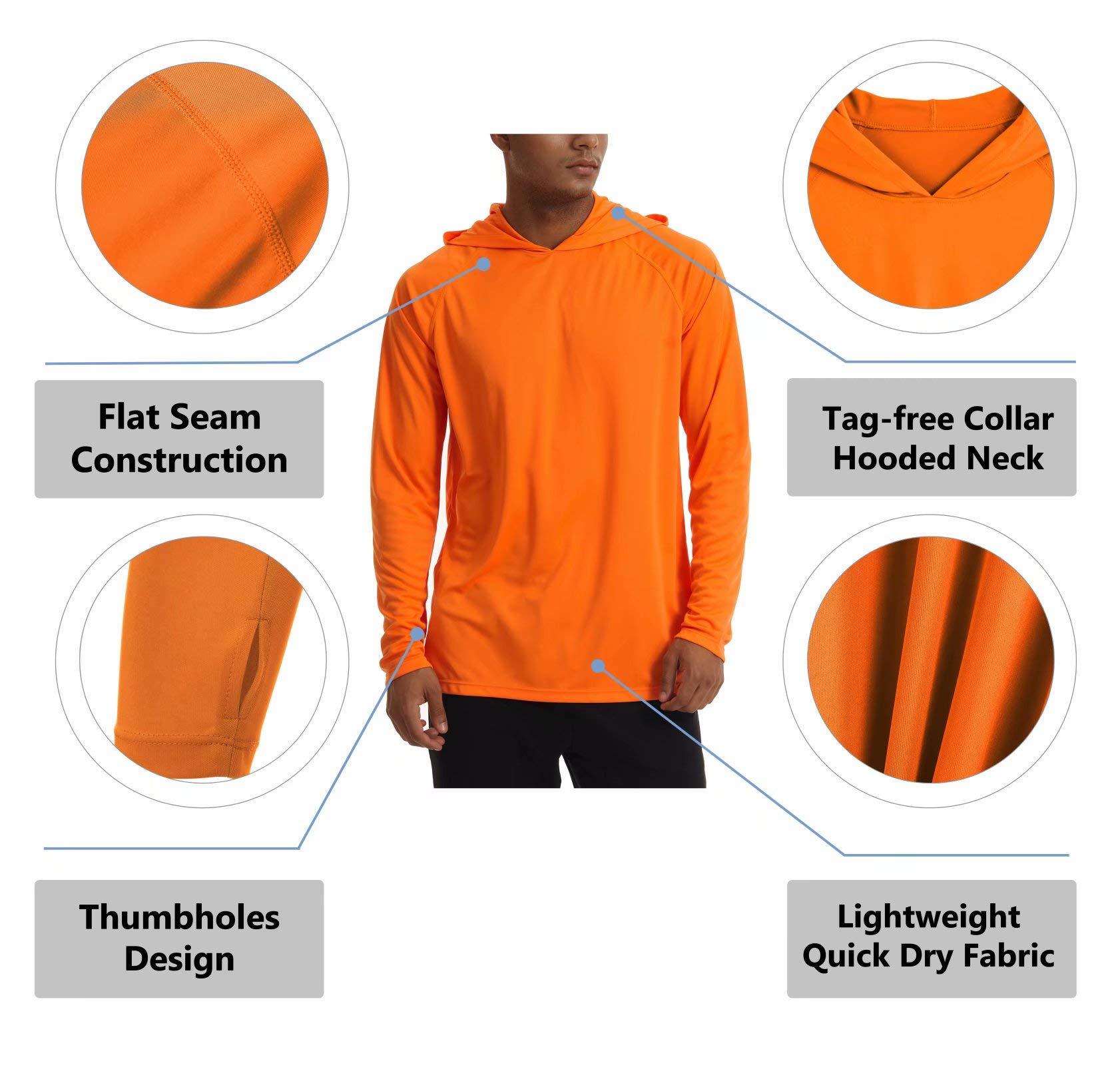 HOPATISEN Hiking Shirts Men Stretchy Sweatshirt cooling Shirt with Hood Quick Dry Fishing Shirt Swimming Boating Sailing Shirt Orange