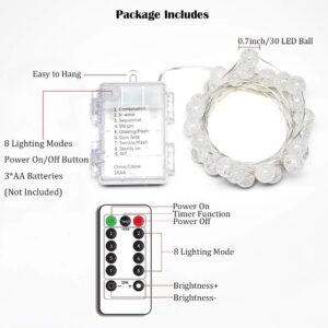 Globe String Lights, Crystal Ball Led String Lights Warm White, 10ft 30 LED Grandhome Fairy Lights Battery Operated Waterproof, 8 Modes with Remote Control, for Indoor Outdoor Bedroom Party Wedding …