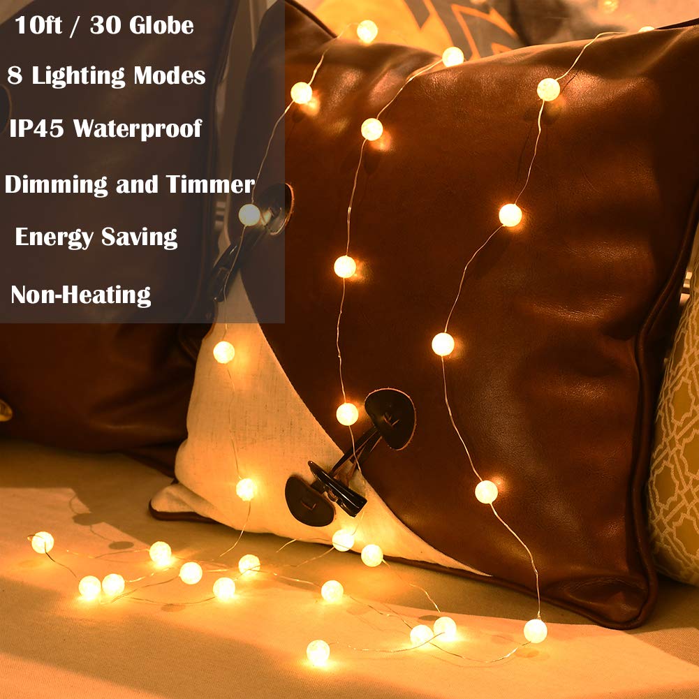 Globe String Lights, Crystal Ball Led String Lights Warm White, 10ft 30 LED Grandhome Fairy Lights Battery Operated Waterproof, 8 Modes with Remote Control, for Indoor Outdoor Bedroom Party Wedding …