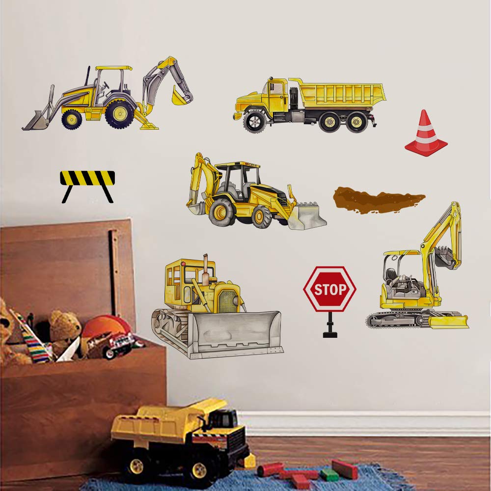 Runtoo Construction Vehicles Wall Decals Trucks Tractor Transportation Wall Stickers Kids Boys Bedroom Nursery Wall Décor