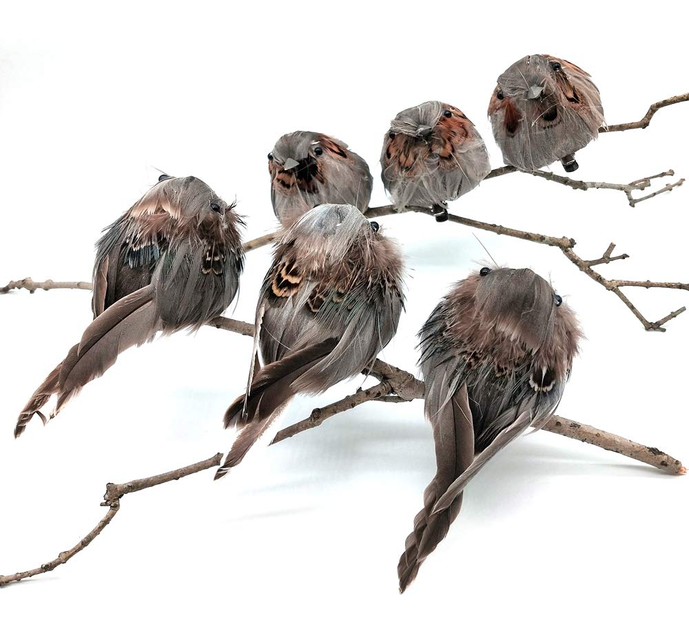 LWINGFLYER 6pcs Fat Sparrow Bird Decor Artificial Birds Feathered Foam Bird Clip on Festival Season Christmas Tree Home Garden Decoration (Brown)