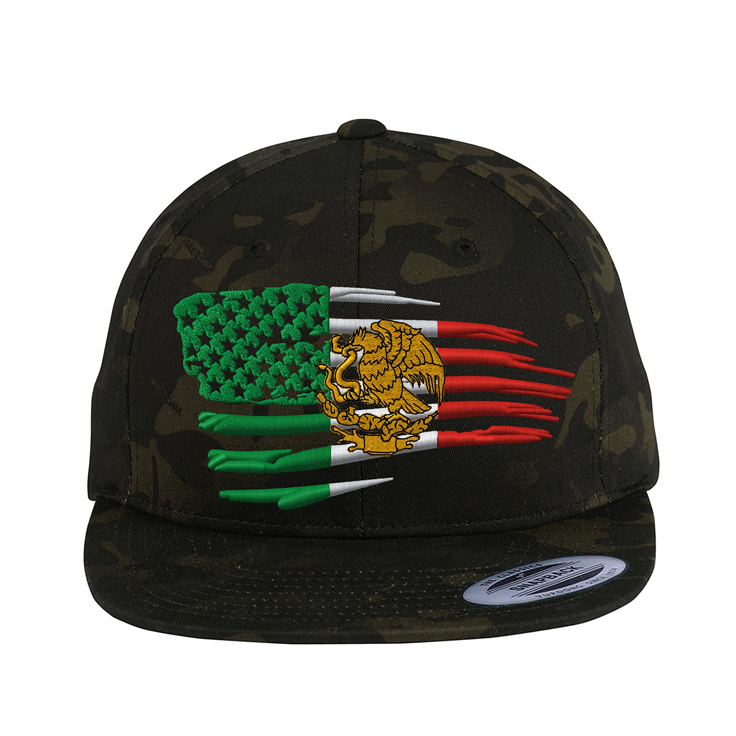 Mexican American Flag Combination Snapback Hats. US Mexico Flag. 6089MT Yupoong Classic Snapback Hats (Multicam Black Camo)