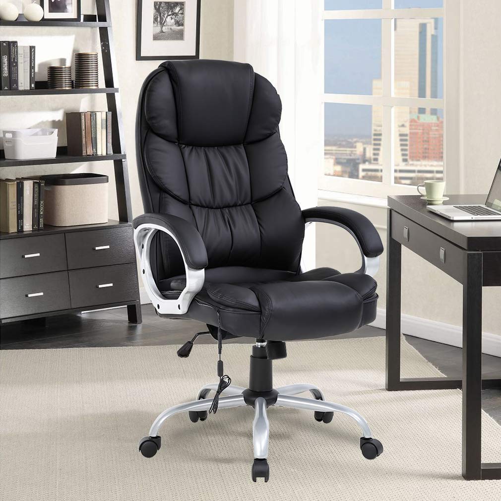 Ergonomic Task Desk Computer Chair Home Office Chair, Massage Function Lumbar Support Soft Comfort with Armrest High Back PU Leather Chair Adjustable Rolling Swivel, Nice Chic Best Home Office Chair