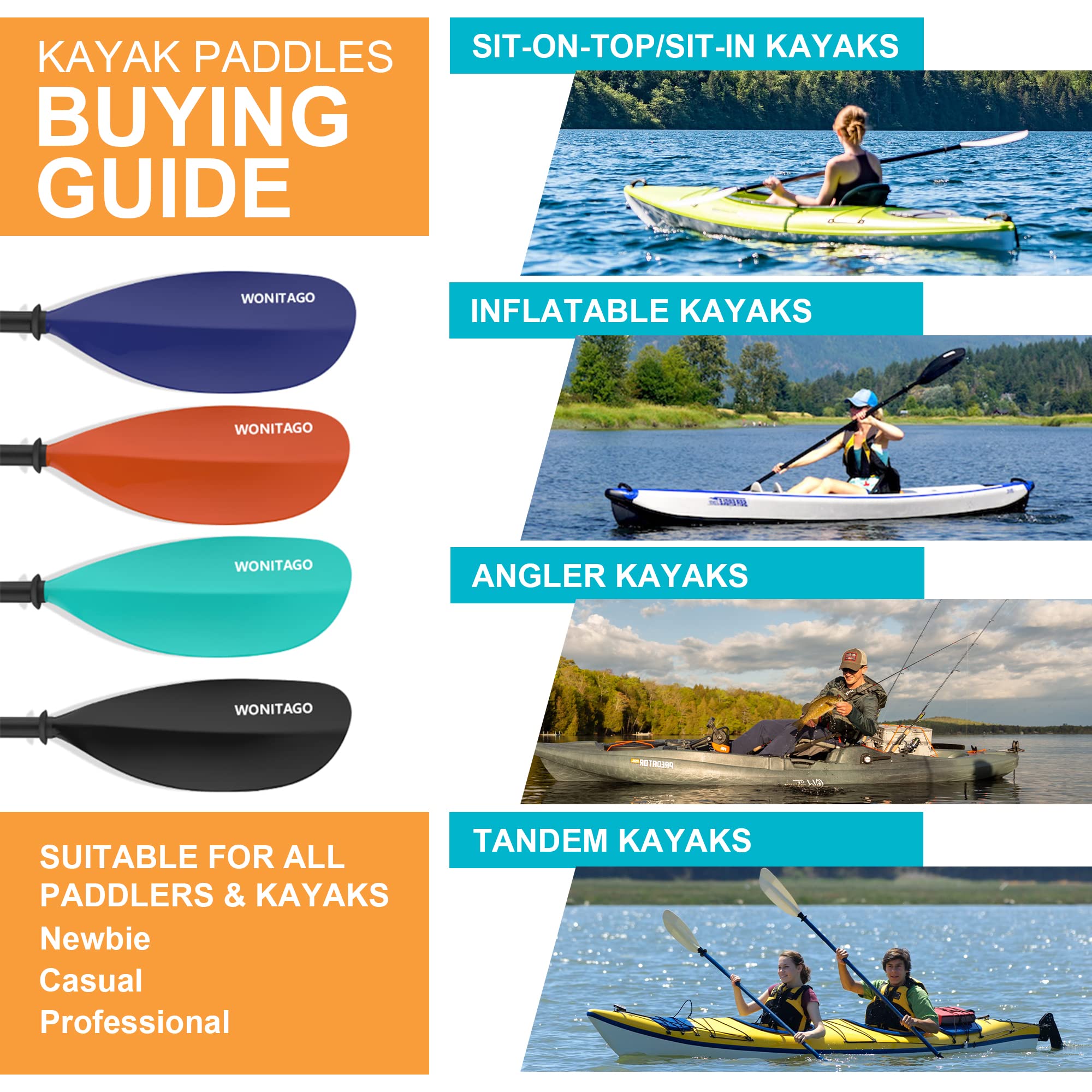 WONITAGO Kayak Paddles with Alloy Shaft and PP Blade, Floating Kayaking Oars, Adjustable 230-250 cm/90-98 Inches, Black