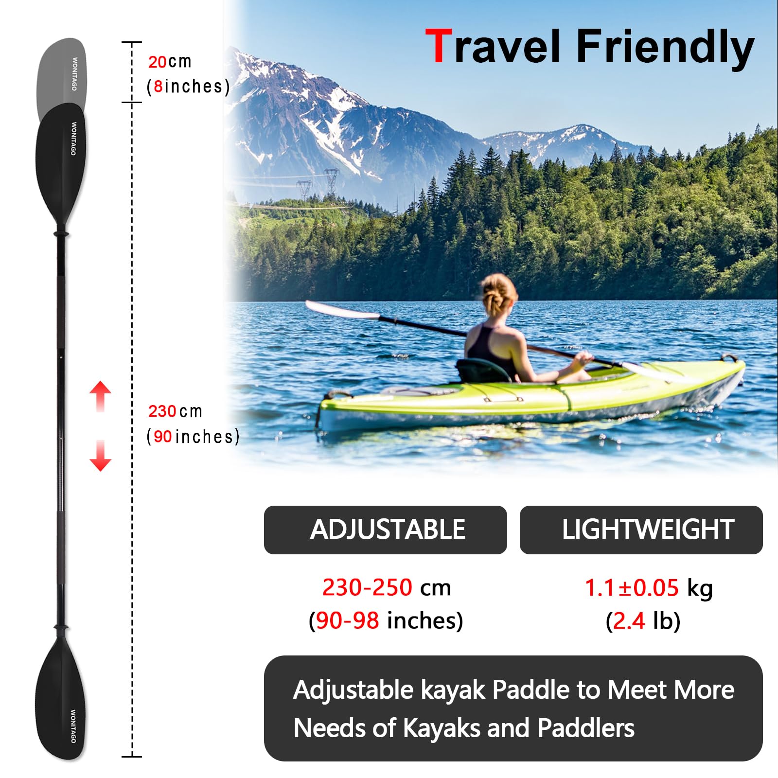 WONITAGO Kayak Paddles with Alloy Shaft and PP Blade, Floating Kayaking Oars, Adjustable 230-250 cm/90-98 Inches, Black