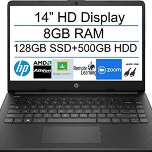 HP 14 Inch Premium Laptop, AMD Athlon Silver 3050U up to 3.2 GHz(Beat i5-7200U), 8GB DDR4 RAM, 128GB SSD+500GB HDD, Bluetooth, Webcam,WiFi,Type-C, HDMI, Windows 10 S, Black + Laser HDMI