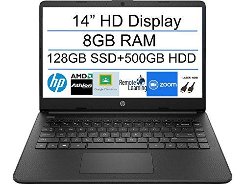 HP 14 Inch Premium Laptop, AMD Athlon Silver 3050U up to 3.2 GHz(Beat i5-7200U), 8GB DDR4 RAM, 128GB SSD+500GB HDD, Bluetooth, Webcam,WiFi,Type-C, HDMI, Windows 10 S, Black + Laser HDMI