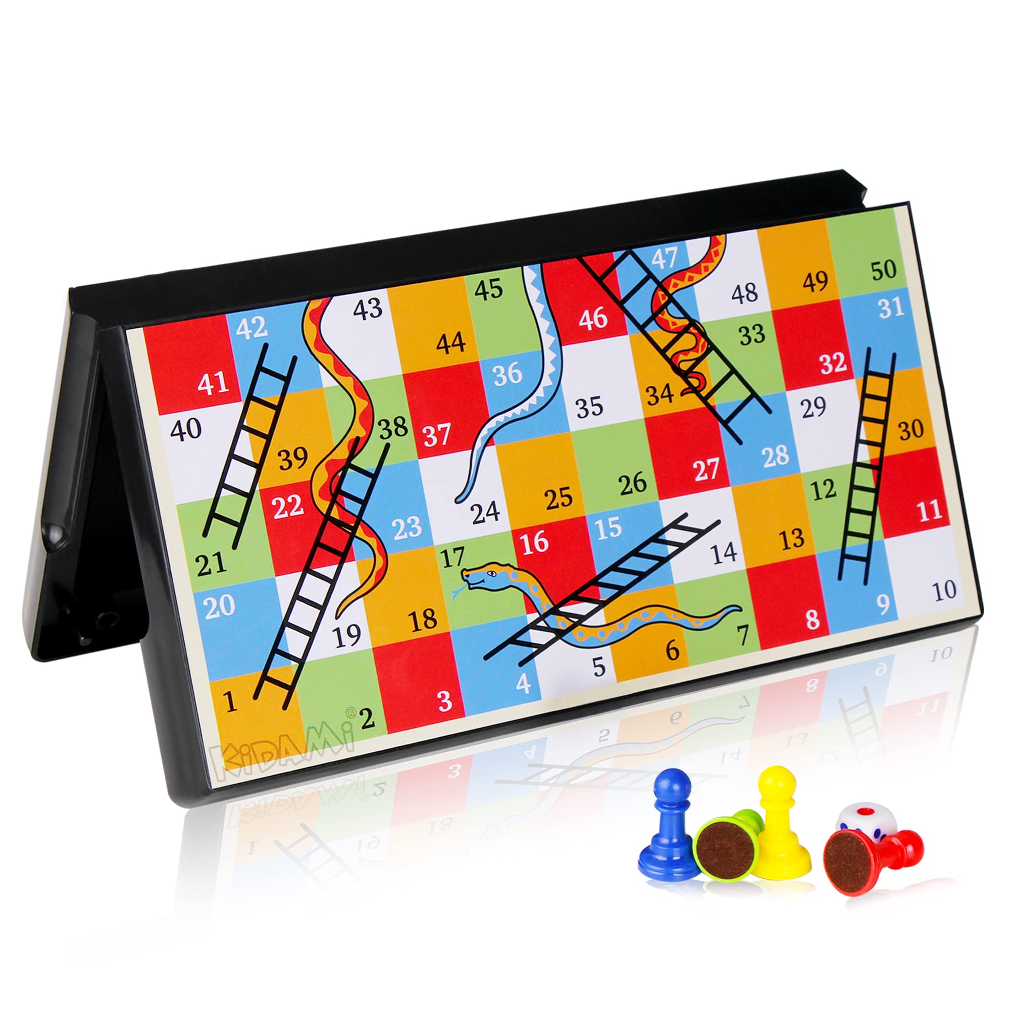 KIDAMI Magnetic Snakes and Ladders Game Set with Storage Box, Folding Design and Light-Weight, Gift for Kids and Adults.