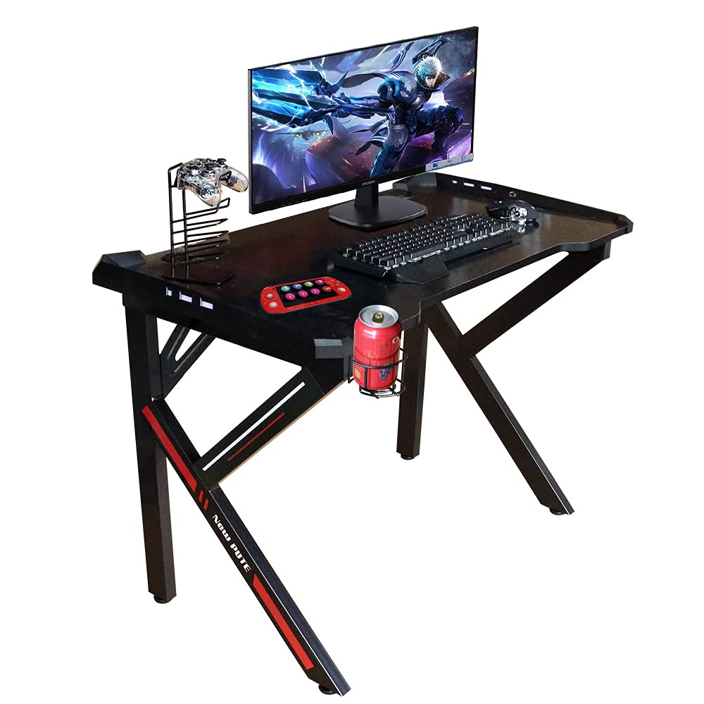 N /A NEWPUTE Office Gaming Desk 43.31"x23.62", Computer Table, K Shaped E-Sports Racing Desk with Led Lights, Controller Stand, Cup Holder, Headphone Hook All in One for Home Office…