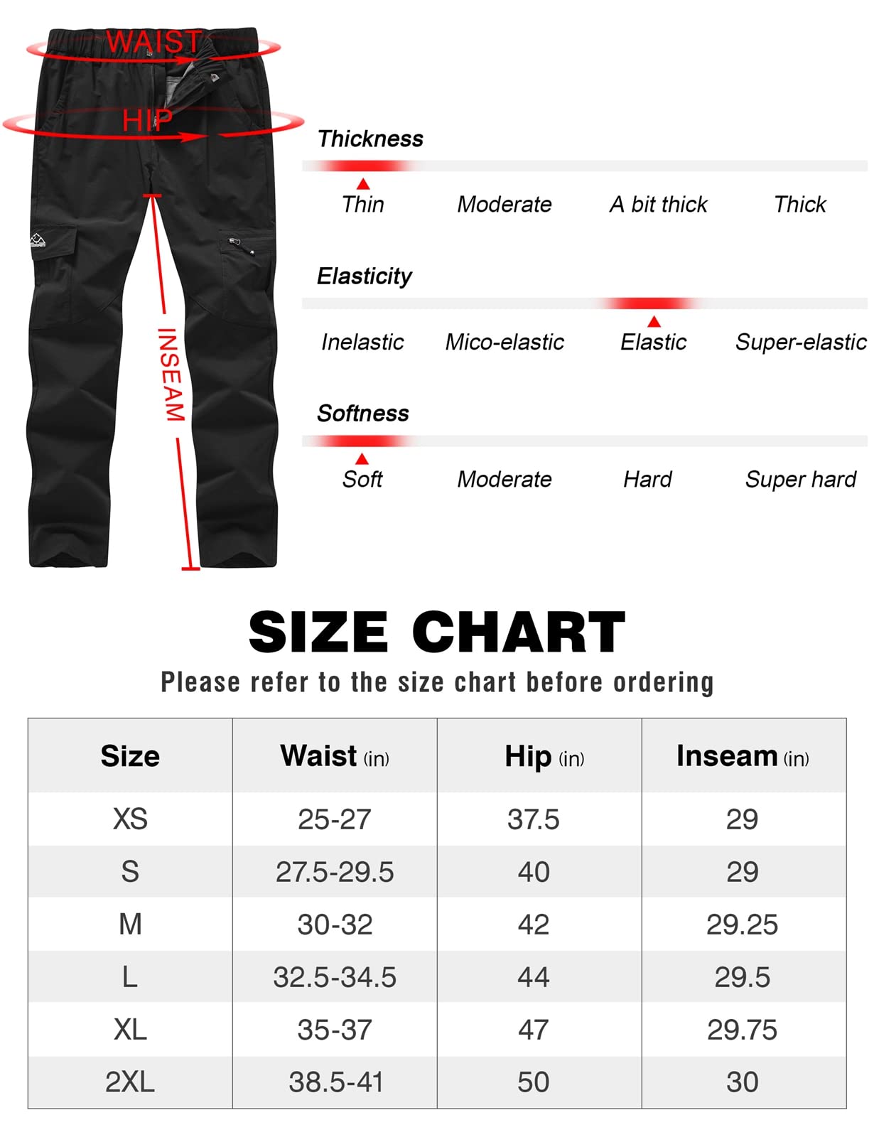 Rdruko Women's Hiking Cargo Pants Lightweight Water-Resistant Quick Dry UPF 50+ Travel Work Pants Zipper Pockets Black Large