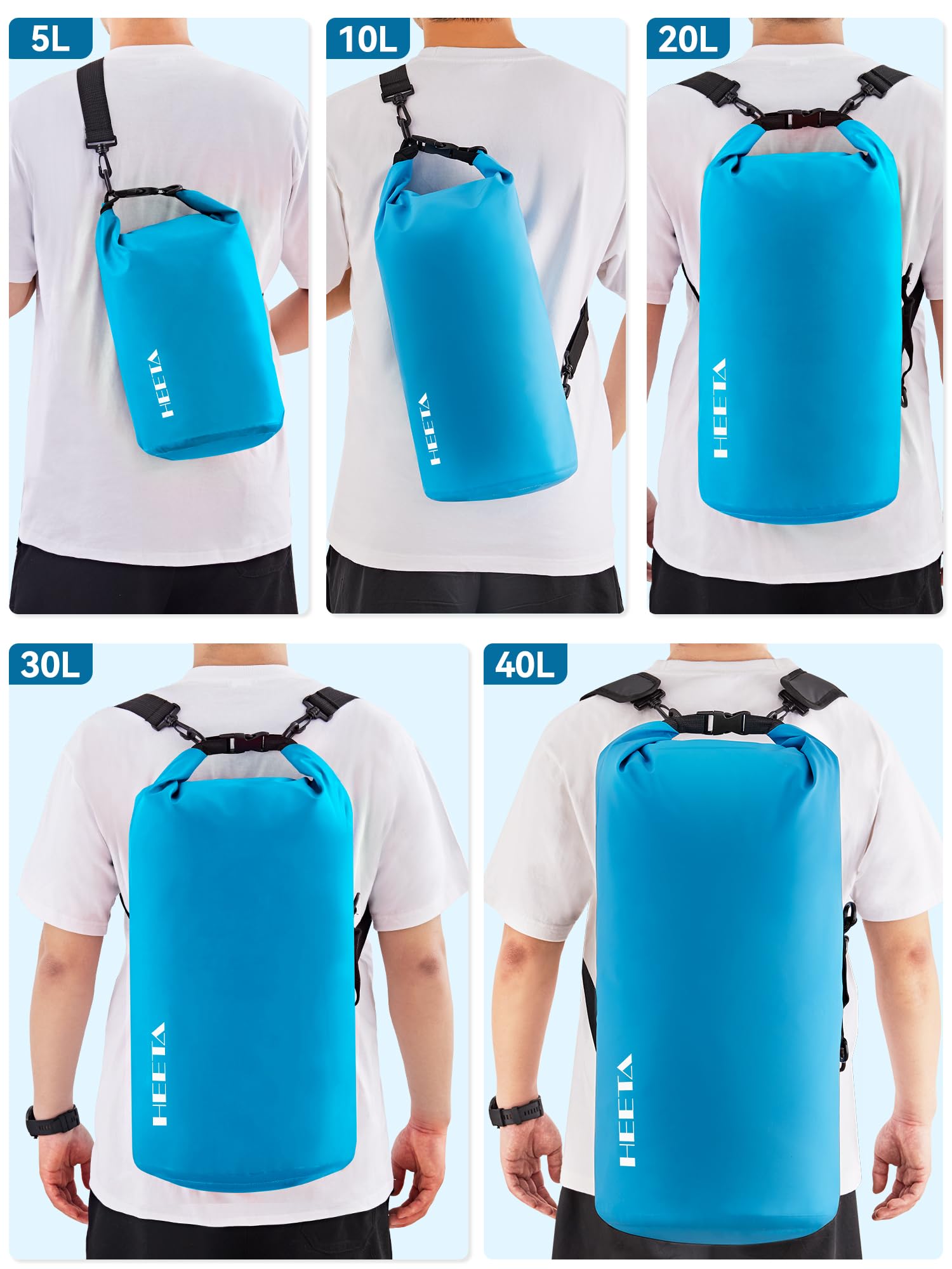 HEETA Waterproof Dry Bag for Women Men (Upgraded Version), Roll Top Lightweight Dry Storage Bag Backpack with Emergency Whistle for Travel, Swimming, Boating, Kayaking, Camping, Beach (Blue, 5L)