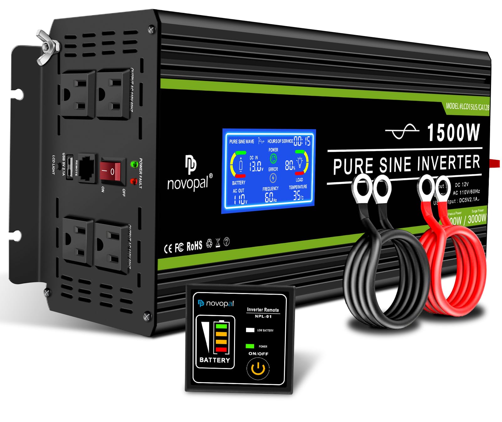 Novopal 1500 watt Pure Sine Wave Power Inverter DC 12V to 110V/120V Converter 4 AC Outlets Car Inverters with USB Port 16.4 Feet Remote Control and LCD Display