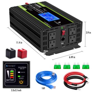 Novopal 1500 watt Pure Sine Wave Power Inverter DC 12V to 110V/120V Converter 4 AC Outlets Car Inverters with USB Port 16.4 Feet Remote Control and LCD Display