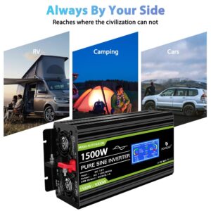 Novopal 1500 watt Pure Sine Wave Power Inverter DC 12V to 110V/120V Converter 4 AC Outlets Car Inverters with USB Port 16.4 Feet Remote Control and LCD Display