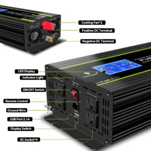 Novopal 1500 watt Pure Sine Wave Power Inverter DC 12V to 110V/120V Converter 4 AC Outlets Car Inverters with USB Port 16.4 Feet Remote Control and LCD Display