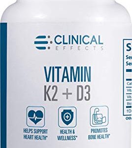 Clinical Effects Vitamin K2 + D3 - K2 + D3 Vitamin Supplement with Bioperine Black Pepper Extract and Calcium for Bone and Heart Health Support - 60 Capsules - Max Absorption - Made in The USA