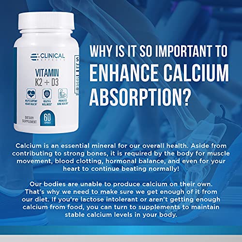 Clinical Effects Vitamin K2 + D3 - K2 + D3 Vitamin Supplement with Bioperine Black Pepper Extract and Calcium for Bone and Heart Health Support - 60 Capsules - Max Absorption - Made in The USA