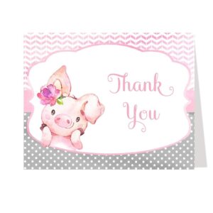 the invite lady pig thank you cards little piggy miss farm baby shower bridal polka dots pink watercolor chevron stripes folding notes blank inside (24 count)