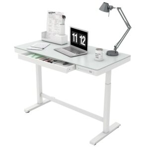 jahrstim jefferson glass standing desk with drawer, 48 x 24 inches modern height adjustable desk home office sit stand up desk, electric motorized uplift, memory control, child lock, white