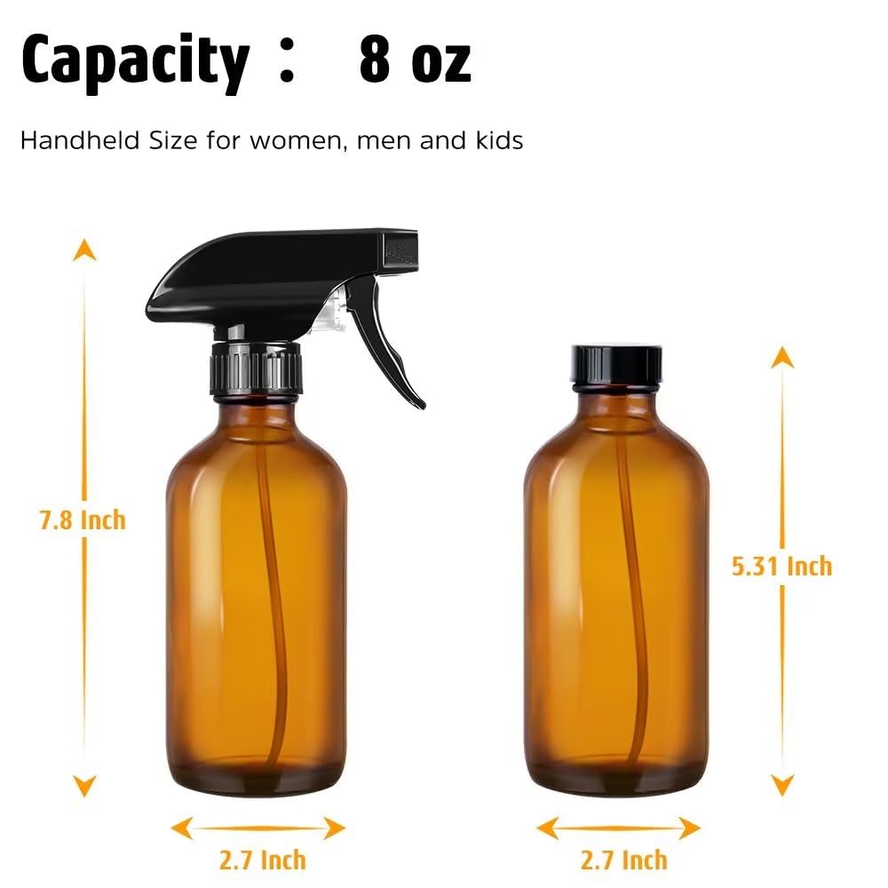 Tecohouse Glass Spray Bottles 8oz, Amber Hair Spray Bottles, 2 Pack Empty Refillable Sprayer Container with Labels, Funnel, Lids, Graduated Pipettes - Handheld Size