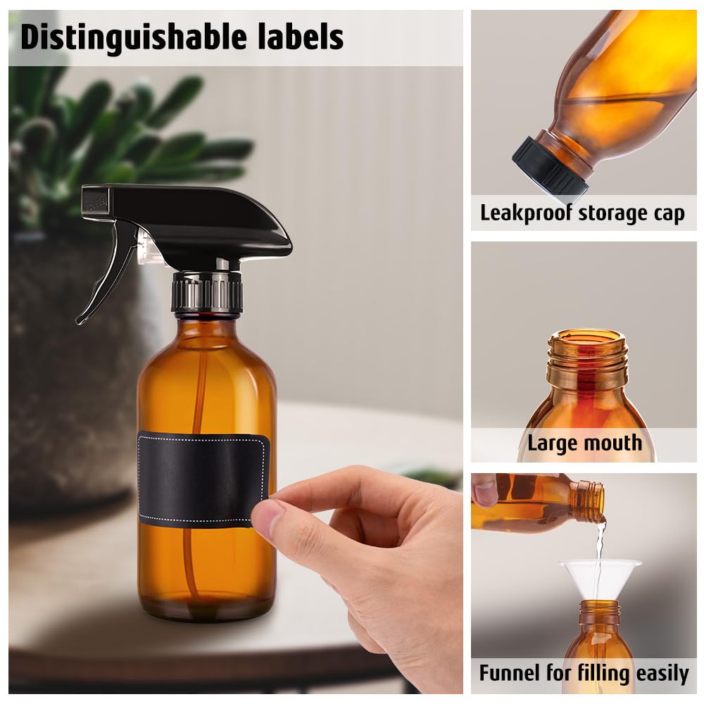 Tecohouse Glass Spray Bottles 8oz, Amber Hair Spray Bottles, 2 Pack Empty Refillable Sprayer Container with Labels, Funnel, Lids, Graduated Pipettes - Handheld Size