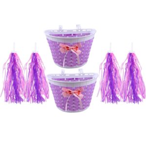 besportble 2pcs kids bike basket with 4 bike streamers plastic front handlebar bicycle baskets tassel ribbons for kids boys girls (purple)