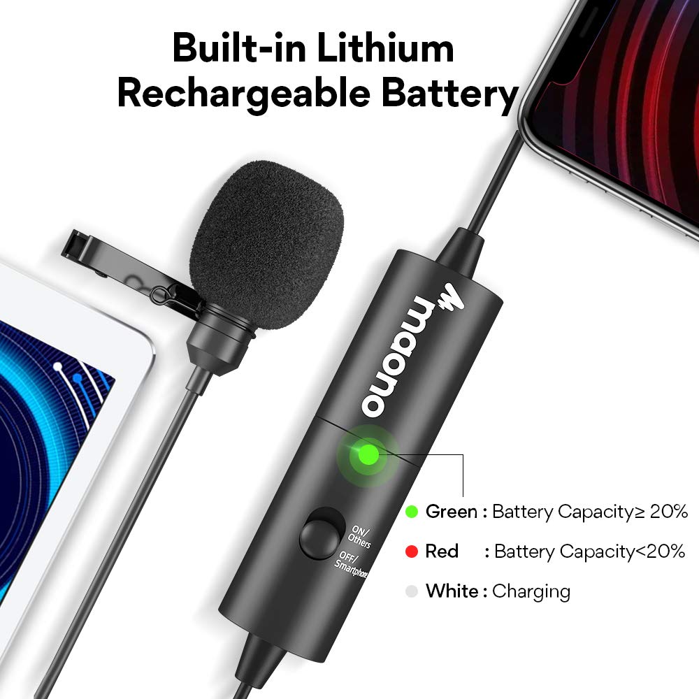 Lavalier Microphone Rechargeable, MAONO Omnidirectional Condenser Clip on Lapel Mic with LED Indicator for Podcasting, Recording, ASMR, Compatible with iPhone, Android, Smartphone, Camera, PC, AU-100R