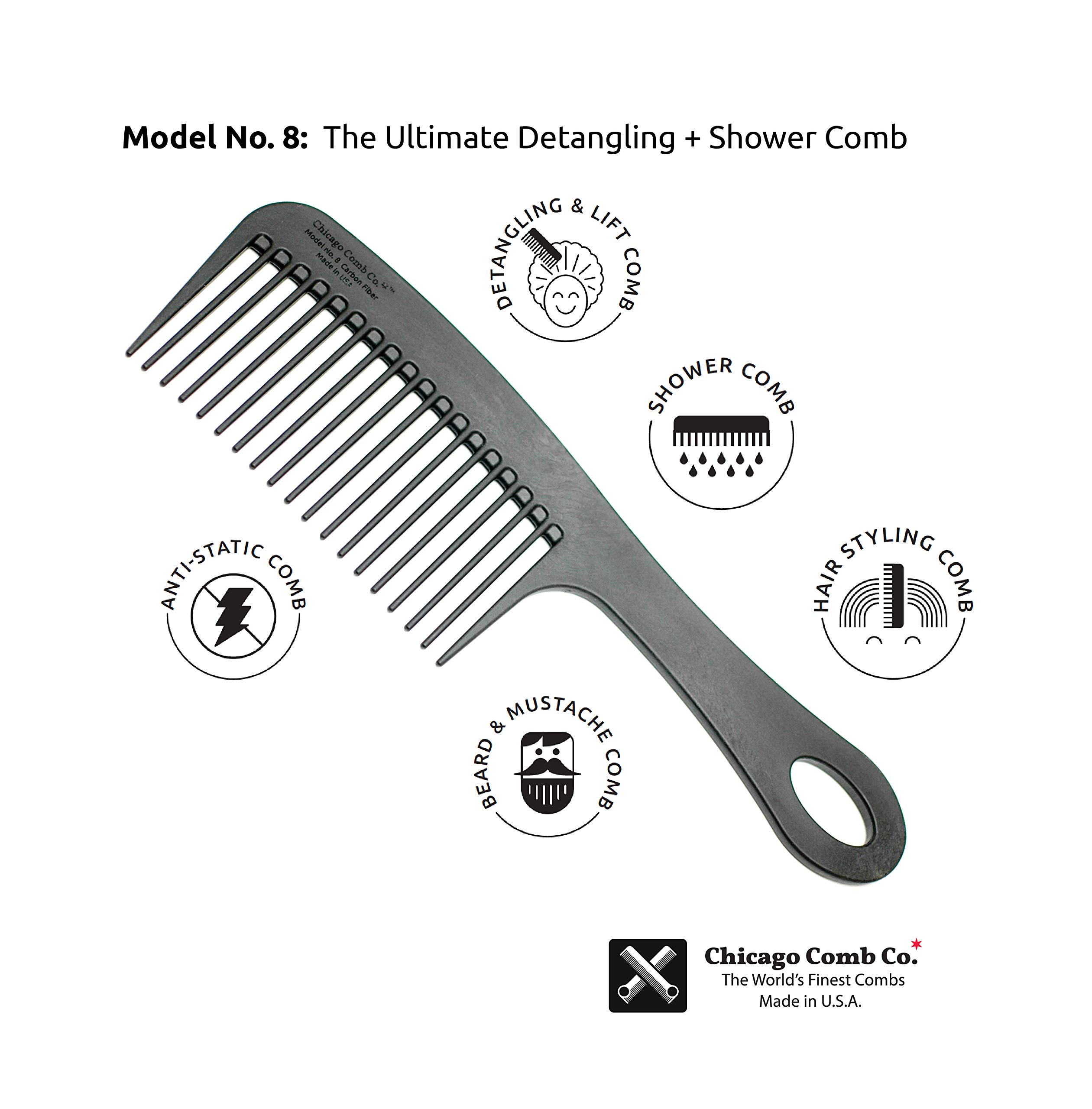 Chicago Comb Model 8 Carbon Fiber, Made in USA, Anti-static, Detangling & Shower comb, adds Lift & Volume, 8.5 inches (21.5 cm) long