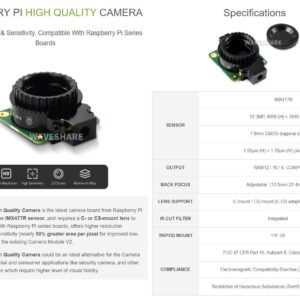 waveshare Accessory Compatible with Raspberry Pi HQ Camera 12.3MP IMX477 Sensor High Sensitivity Supports C- and CS-Mount Lenses Comes with a RPi Zero V1.3 Camera Cable 15cm