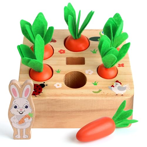 SKYFIELD Carrot Harvest Game Wooden Toy for Baby Boys and Girls 1 2 3 Year Old, Educational Shape Sorting Matching Puzzle Gift Toy with 7 Sizes Carrots.Great Montessori Toy for Toddlers 1-3