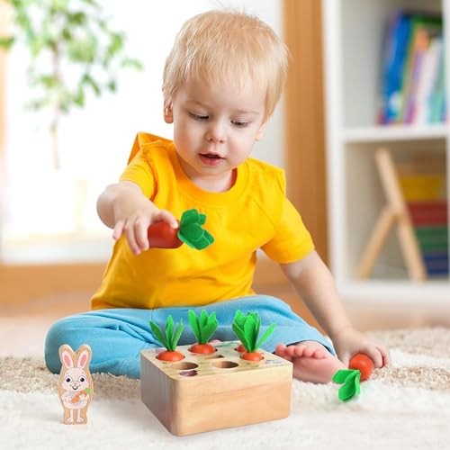 SKYFIELD Carrot Harvest Game Wooden Toy for Baby Boys and Girls 1 2 3 Year Old, Educational Shape Sorting Matching Puzzle Gift Toy with 7 Sizes Carrots.Great Montessori Toy for Toddlers 1-3