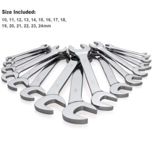 15-Piece Premium Angle Head Open End Wrench Set, Chrome Vanadium Steel, Mirror Chrome Finish | Include Metric Sizes 10, 11, 12, 13, 14, 15, 16, 17, 18, 19, 20, 21, 22, 23, 24mm with Storage Rack