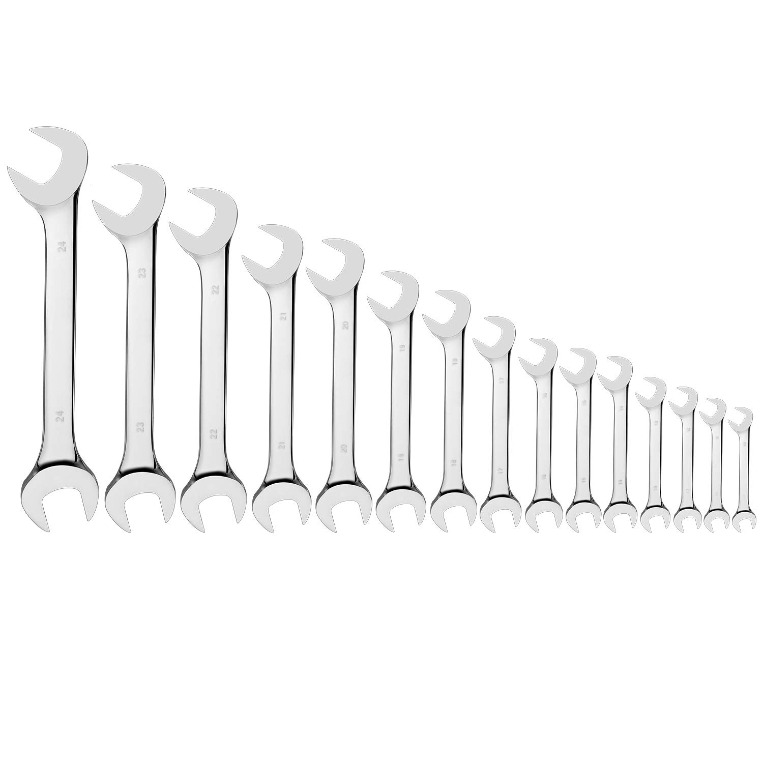 15-Piece Premium Angle Head Open End Wrench Set, Chrome Vanadium Steel, Mirror Chrome Finish | Include Metric Sizes 10, 11, 12, 13, 14, 15, 16, 17, 18, 19, 20, 21, 22, 23, 24mm with Storage Rack