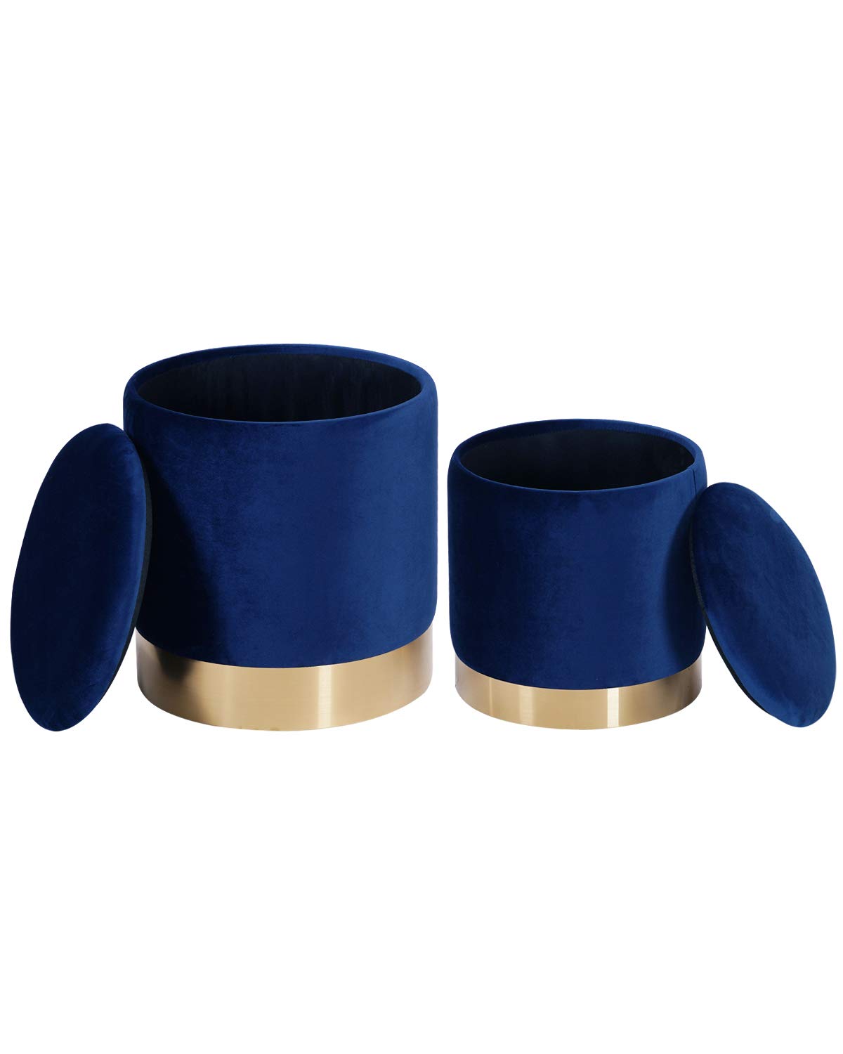 DEERUN Round Velvet Storage Ottoman Foot Rest Stool/Upholstered Footstool with Gold Plating Base,Pack of 2 (Blue)