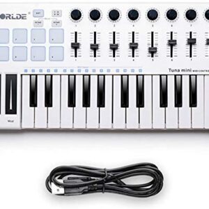 HX Worlde 25 Key USB Portable Tuna Mini MIDI Keyboard MIDI Controller with 8 Knobs, 8 Drum Pads, 8 Faders, Wood Imitation Rim, Pedal Interface, for Mac and PC