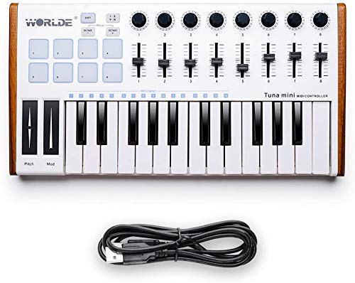 HX Worlde 25 Key USB Portable Tuna Mini MIDI Keyboard MIDI Controller with 8 Knobs, 8 Drum Pads, 8 Faders, Wood Imitation Rim, Pedal Interface, for Mac and PC