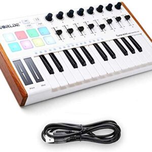 HX Worlde 25 Key USB Portable Tuna Mini MIDI Keyboard MIDI Controller with 8 Knobs, 8 Drum Pads, 8 Faders, Wood Imitation Rim, Pedal Interface, for Mac and PC