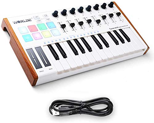 HX Worlde 25 Key USB Portable Tuna Mini MIDI Keyboard MIDI Controller with 8 Knobs, 8 Drum Pads, 8 Faders, Wood Imitation Rim, Pedal Interface, for Mac and PC