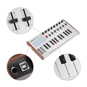 HX Worlde 25 Key USB Portable Tuna Mini MIDI Keyboard MIDI Controller with 8 Knobs, 8 Drum Pads, 8 Faders, Wood Imitation Rim, Pedal Interface, for Mac and PC