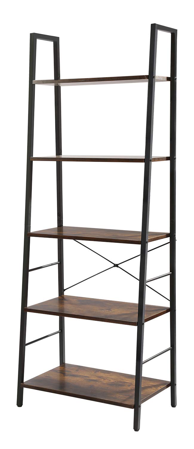 CHADIOR Ladder Bookshelf, 5-Tier Industrial, Freestanding Tall Wooden and Metal Frame Shelf, Narrow Etagere Bedroom and Living Room Easy Assembly Bookcases, Rustic Brown